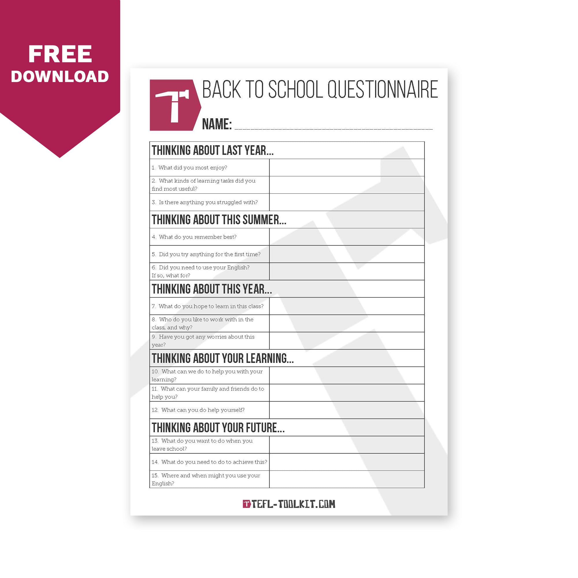 Back to School Questionnaire | EFL Resource | TEFL Toolkit – EiA Shop