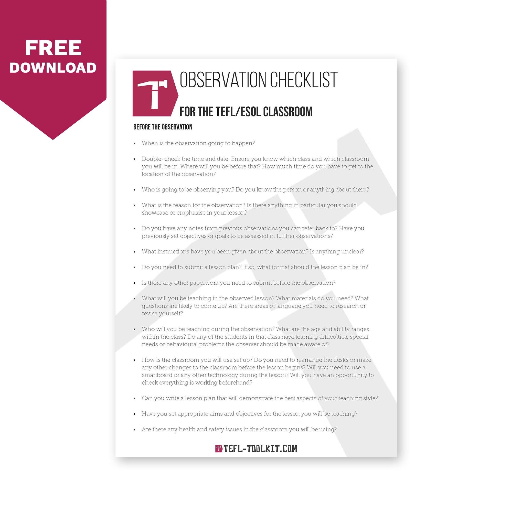 Classroom Observation Checklist | EFL Resource – TEFL-Toolkit.com