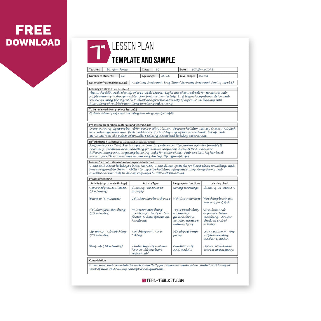Lesson Plan Template and Sample | EFL Resources | TEFL Toolkit – EiA Shop
