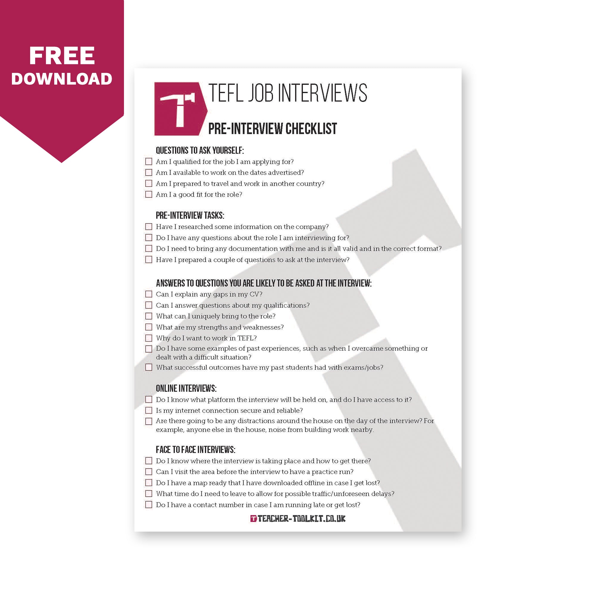 TEFL Pre-Interview Checklist | EFL Resource – TEFL-Toolkit.com